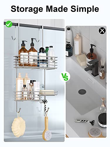 SMARTAKE Shower Caddy Over The Door, Stainless Steel Bathroom Shelf Organizer, Rustproof Wall Rack with Hooks, Razors Towels Shampoo Organizer for Dorm, Toilet, Bath and Kitchen, Silver