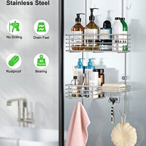 SMARTAKE Shower Caddy Over The Door, Stainless Steel Bathroom Shelf Organizer, Rustproof Wall Rack with Hooks, Razors Towels Shampoo Organizer for Dorm, Toilet, Bath and Kitchen, Silver