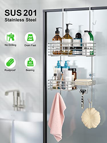 SMARTAKE Shower Caddy Over The Door, Stainless Steel Bathroom Shelf Organizer, Rustproof Wall Rack with Hooks, Razors Towels Shampoo Organizer for Dorm, Toilet, Bath and Kitchen, Silver