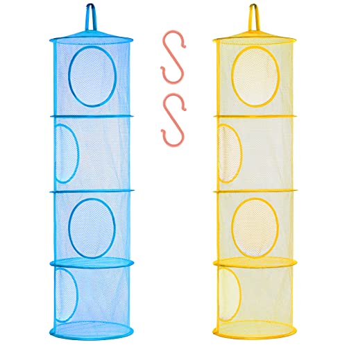 WOTEER Foldable Hanging Storage Mesh Space Saver Bags Organizer,Suspension Storage 3 or 4 Compartments Hanging Stuffed Animal Storage for Kids,2Pack (4 Tier-Blue and Yellow)