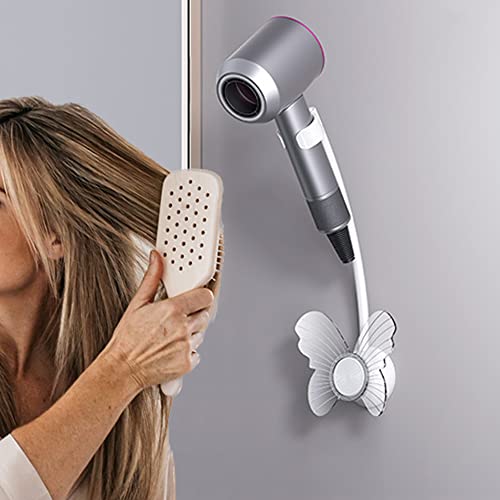 minstely Adjustable Hair Dryer Holder Wall Mounted, Hands Free Blow Dryer Holder, Bathroom Organizer - Butterfly Decor (white)