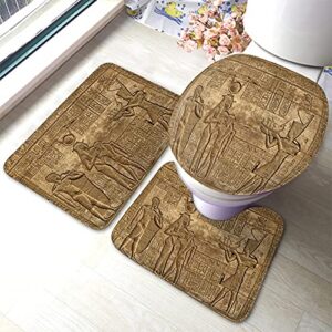 wondertify hieroglyphic carvings bathroom antiskid pad exterior walls ancient egyptian temple 3 pieces bathroom rugs set, bath mat+contour+toilet lid cover