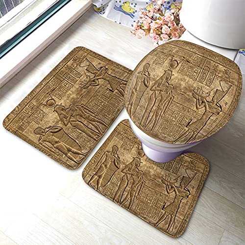 WONDERTIFY Hieroglyphic Carvings Bathroom Antiskid Pad Exterior Walls Ancient Egyptian Temple 3 Pieces Bathroom Rugs Set, Bath Mat+Contour+Toilet Lid Cover