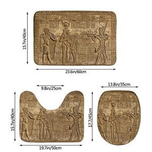 WONDERTIFY Hieroglyphic Carvings Bathroom Antiskid Pad Exterior Walls Ancient Egyptian Temple 3 Pieces Bathroom Rugs Set, Bath Mat+Contour+Toilet Lid Cover