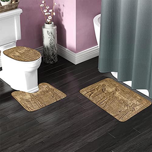 WONDERTIFY Hieroglyphic Carvings Bathroom Antiskid Pad Exterior Walls Ancient Egyptian Temple 3 Pieces Bathroom Rugs Set, Bath Mat+Contour+Toilet Lid Cover