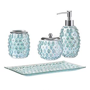 whole housewares | 4-piece decorative glass bathroom accessories set | soap dispenser, toothbrush holder, cotton jar, vanity tray | gift idea | light blue/green