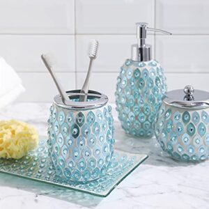 Whole HOUSEWARES | 4-Piece Decorative Glass Bathroom Accessories Set | Soap Dispenser, Toothbrush Holder, Cotton Jar, Vanity Tray | Gift Idea | Light Blue/Green