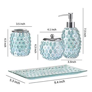 Whole HOUSEWARES | 4-Piece Decorative Glass Bathroom Accessories Set | Soap Dispenser, Toothbrush Holder, Cotton Jar, Vanity Tray | Gift Idea | Light Blue/Green