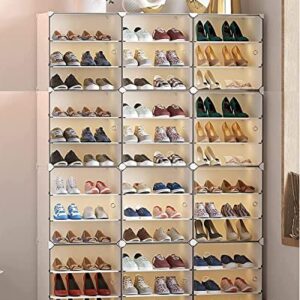 Portable Shoe Rack Organizer 12 Tier DIY Shoe Cabinet, 72 Pair White Plastic Stackable Closet Shoe Box Storage Cabinet for Entryway, Bedroom and Hallway Shoe Cabinet w/Doors