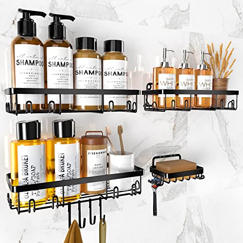 Dulutuxe Shower Caddy Bathroom Organizer Large Size - No Drilling Traceless Adhesive Shower Shelves with 4 Hooks, Wall Mount Stainless Steel Shower Shelf for Bathroom, Toilet, Kitchen, Dorm(4 Pack)