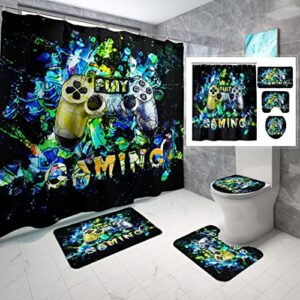 kodhyvj 4 pcs gaming bathroom sets for boys game shower curtain set with curtain,rug,toilet cover and u shaped mat video gamer bathroom decor with 12 hooks