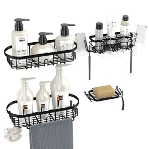 machyong shower caddy, 4 pack adhesive shower organizer, shower shelf with toothbrush holder, soap dish, no drilling bathroom storage shampoo holder rack, black