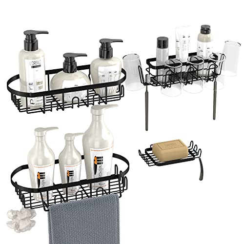 MACHYONG Shower Caddy, 4 Pack Adhesive Shower Organizer, Shower Shelf with Toothbrush Holder, Soap Dish, No Drilling Bathroom Storage Shampoo Holder Rack, Black