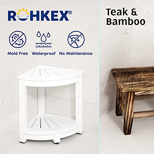 ROHKEX No-Maintenance Corner Shower Stool for Shaving Legs - Heavy-Duty Waterproof Bathroom Bench with Rubber Feet, Storage Shelf - Sustainable & Versatile for Indoor & Outdoor Use