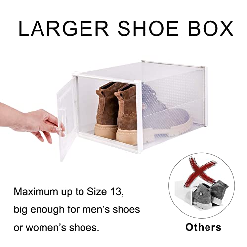 WAYTRIM Stackabke Clear Shoe Box 4 Pack Foldable Shoe Storage Boxes Dorp Front Shoe Organizer Clear Plastic Shoe Containers Fit to Women Size 13 Clear White