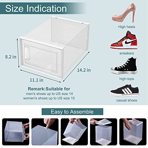 WAYTRIM Stackabke Clear Shoe Box 4 Pack Foldable Shoe Storage Boxes Dorp Front Shoe Organizer Clear Plastic Shoe Containers Fit to Women Size 13 Clear White