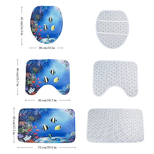 RLHHUG Sea World Shower Curtain Sets with Rugs, Plastic Curtain 72x72 Inches for Bathroom Decor, Washable Decorative Curtains with Hooks, Bath Mat, Toilet Contour Mat and Lid Cover