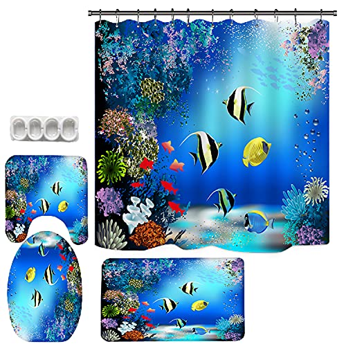 RLHHUG Sea World Shower Curtain Sets with Rugs, Plastic Curtain 72x72 Inches for Bathroom Decor, Washable Decorative Curtains with Hooks, Bath Mat, Toilet Contour Mat and Lid Cover