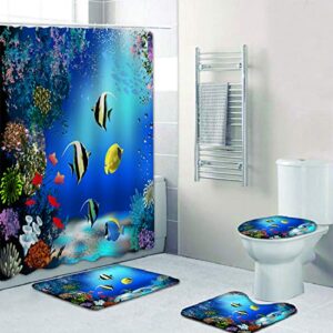 RLHHUG Sea World Shower Curtain Sets with Rugs, Plastic Curtain 72x72 Inches for Bathroom Decor, Washable Decorative Curtains with Hooks, Bath Mat, Toilet Contour Mat and Lid Cover