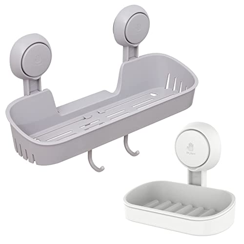 LEVERLOC Soap Holder Shower Caddy with 4 Hooks for Shower Suction Cup Wall Mounted NO-Drilling Removable Waterproof Strong Vacuum Suction Holder for Shower Bathroom Bathtub Kitchen