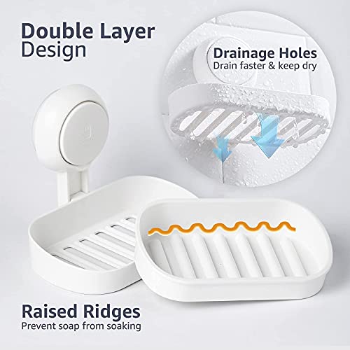 LEVERLOC Soap Holder Shower Caddy with 4 Hooks for Shower Suction Cup Wall Mounted NO-Drilling Removable Waterproof Strong Vacuum Suction Holder for Shower Bathroom Bathtub Kitchen