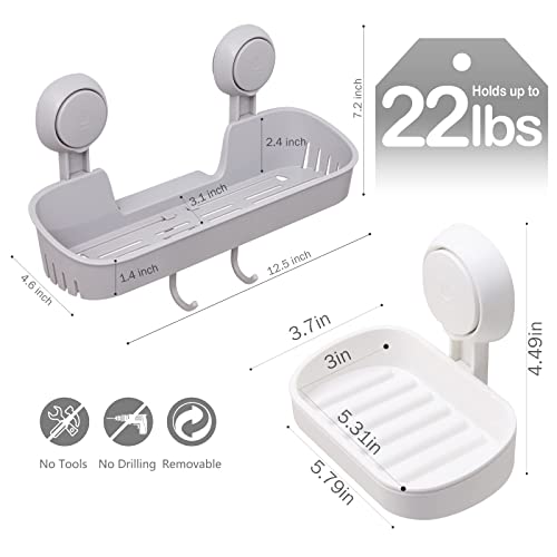 LEVERLOC Soap Holder Shower Caddy with 4 Hooks for Shower Suction Cup Wall Mounted NO-Drilling Removable Waterproof Strong Vacuum Suction Holder for Shower Bathroom Bathtub Kitchen