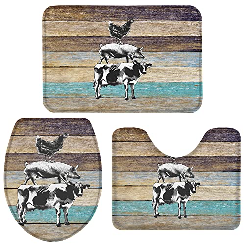 3 Piece Bathroom Rugs Sets Cow Pig Rooster Farmhouse Animal Non-Slip Toilet Lid Cover for Bathroom Wooden Board Absorbent Contour Mat with Rubber Backing Floor Mats for Shower Large