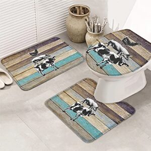 3 Piece Bathroom Rugs Sets Cow Pig Rooster Farmhouse Animal Non-Slip Toilet Lid Cover for Bathroom Wooden Board Absorbent Contour Mat with Rubber Backing Floor Mats for Shower Large