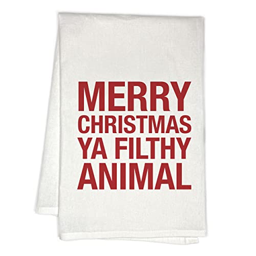 RubiaRojo Holiday Kitchen Towel – Merry Christmas Ya Filthy Animal – White Flour Sack Hand Towel