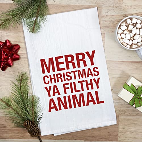 RubiaRojo Holiday Kitchen Towel – Merry Christmas Ya Filthy Animal – White Flour Sack Hand Towel