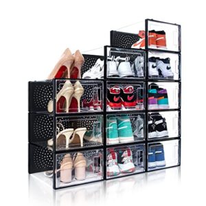 bvbox large shoe boxes clear plastic stackable, 12 pack shoe storage boxes with magnetic door， ventilation design drop front shoe box, dust-proof shoe organizer