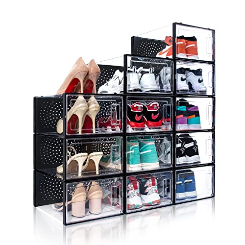 BVBOX Large Shoe Boxes Clear Plastic Stackable, 12 Pack Shoe Storage Boxes With Magnetic Door， Ventilation Design Drop Front Shoe Box, Dust-Proof Shoe Organizer