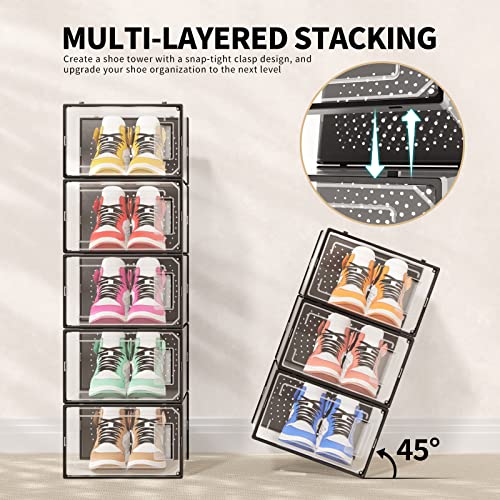 BVBOX Large Shoe Boxes Clear Plastic Stackable, 12 Pack Shoe Storage Boxes With Magnetic Door， Ventilation Design Drop Front Shoe Box, Dust-Proof Shoe Organizer