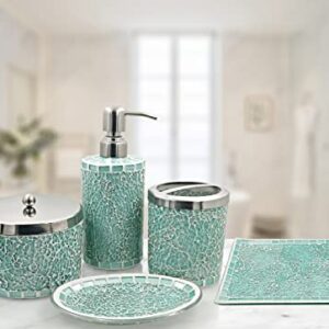 LushAccents Bathroom Accessories Set, 5-Piece Decorative Glass Bathroom Accessories Set, Soap Dispenser, Soap Tray, Vanity Tray, Jar, Toothbrush Holder, Elegant Seafoam Green Mosaic Glass