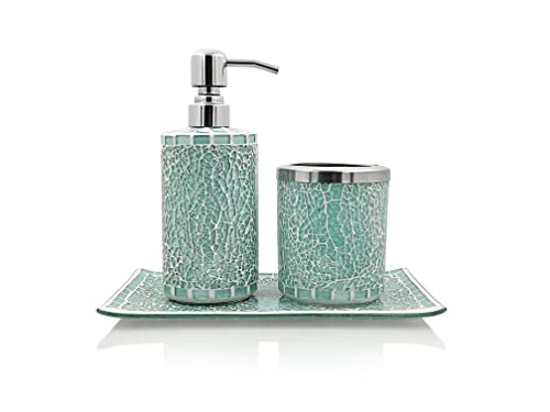 LushAccents Bathroom Accessories Set, 5-Piece Decorative Glass Bathroom Accessories Set, Soap Dispenser, Soap Tray, Vanity Tray, Jar, Toothbrush Holder, Elegant Seafoam Green Mosaic Glass