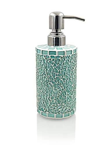 LushAccents Bathroom Accessories Set, 5-Piece Decorative Glass Bathroom Accessories Set, Soap Dispenser, Soap Tray, Vanity Tray, Jar, Toothbrush Holder, Elegant Seafoam Green Mosaic Glass