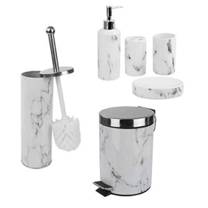 home basics marble ceramic 4 piece bath accessory set, white | faux marble toilet brush set, white | faux marble 3 liter waste bin, white