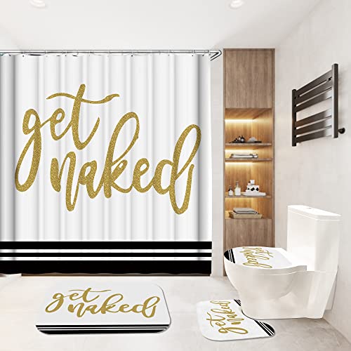 Karlesi 4Pcs Shower Curtain Set with Non-Slip Rug, Toilet Lid Cover and Bath Mat, Funny Get Naked Shower Curtain with 12 Hooks for Bathroom Decoration