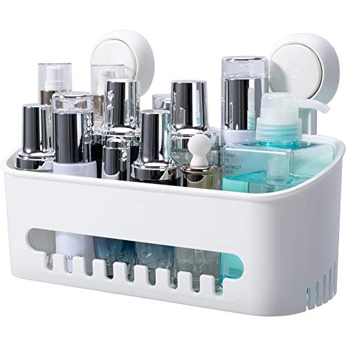 Urbanstrive Suction Cup Shower Caddy Bathroom Shower Shelf Storage Basket Wall Mounted Organizer for Shampoo, Conditioner, Plastic Shower Rack for Kitchen & Bathroom, Drill-Free Removable, White