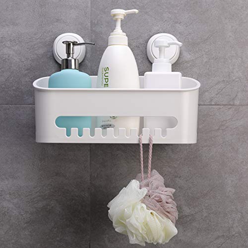 Urbanstrive Suction Cup Shower Caddy Bathroom Shower Shelf Storage Basket Wall Mounted Organizer for Shampoo, Conditioner, Plastic Shower Rack for Kitchen & Bathroom, Drill-Free Removable, White