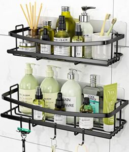 auotto shower caddy shower organizer adhesive shower shelf, rustproof no drilling sus304 stainless steel for bathroom shower storage organization,2 pack with 4 hooks, matte black