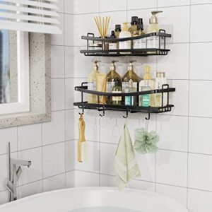 AUOTTO Shower Caddy Shower Organizer Adhesive Shower Shelf, Rustproof No Drilling SUS304 Stainless Steel for Bathroom Shower Storage Organization,2 Pack with 4 Hooks, Matte Black