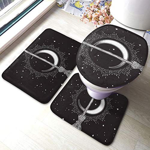 FORSJHSA Moon Stars Witch Bathroom Rugs Set 3 Piece Non Slip Bath Mat + U-Shaped Contour + Toilet Lid Cover Absorbent Bath Mat Set for Tub, Shower and Bathroom, One Size