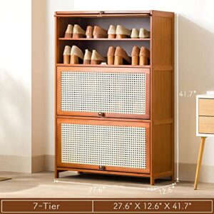 IOTXY Shoe Rack Organizer Cabinet - 7-Tier Bamboo Free Standing Shoe Storage Shelf with Flip-up Doors, for Closet, Hallway, Bedroom, Entryway, Brown