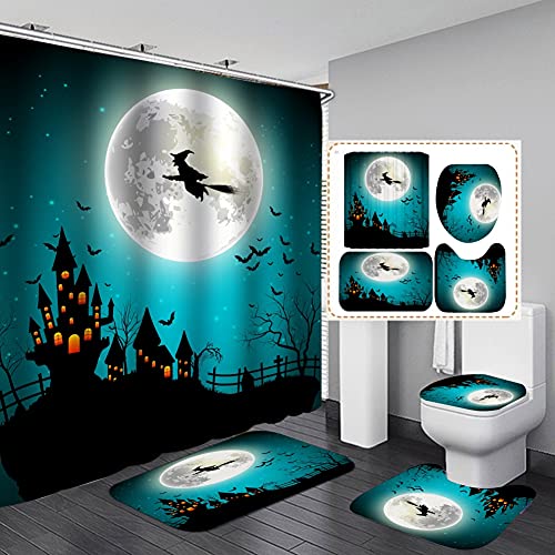 Halloween Shower Curtain 4 Piece Sets with Non-Slip Rugs, Toilet Lid Cover and Bath Mat, Castle Witch Pumpkin Themes Waterproof Shower Curtain with 12 Hooks Bathroom Set for Home Halloween Decor