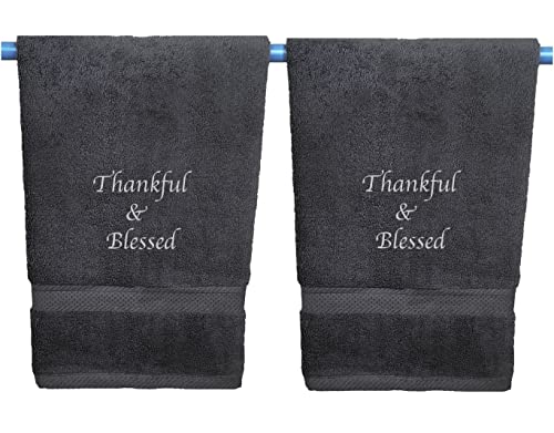 Liberty21 Embroidered Hand Towels with Inspirational Message: Thankful & Blessed (1 Set of 2 Hand Towels) for Bathroom, Kitchen or Spa. (Dark Grey)