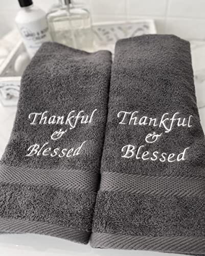 Liberty21 Embroidered Hand Towels with Inspirational Message: Thankful & Blessed (1 Set of 2 Hand Towels) for Bathroom, Kitchen or Spa. (Dark Grey)