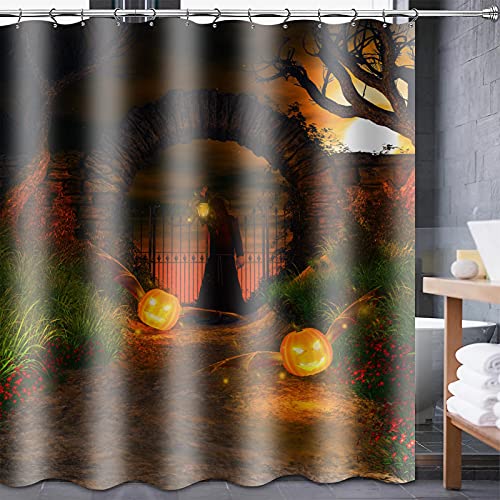 Halloween Scene Shower Curtain Sets with Rugs and Toilet Lid Cover and Bath Mat for Bathroom, Dark Hooded Man Shower Curtain Sets with 12 Hooks, Waterproof Durable Bathroom Decor Set