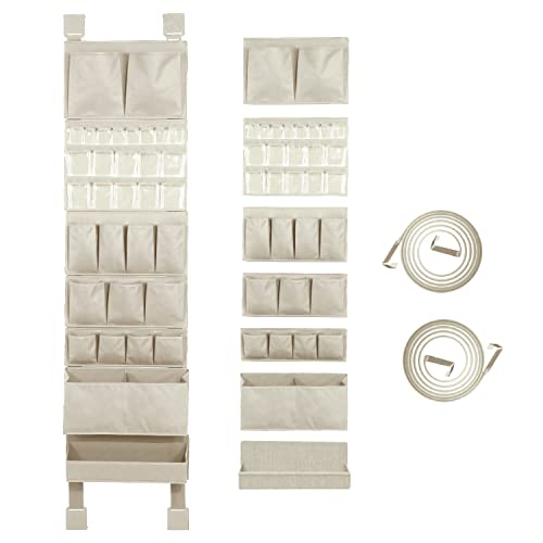 Over The Door Hanging Organizer Storage Wall Mount Premium Durable with 7 Unique Large Pockets Customizable Metal Door Hooks 17” Wide * 73” Long Closet Organizer Office Home Easy to Setup Ivory