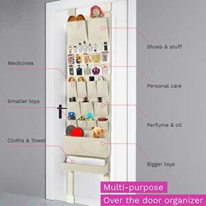 Over The Door Hanging Organizer Storage Wall Mount Premium Durable with 7 Unique Large Pockets Customizable Metal Door Hooks 17” Wide * 73” Long Closet Organizer Office Home Easy to Setup Ivory